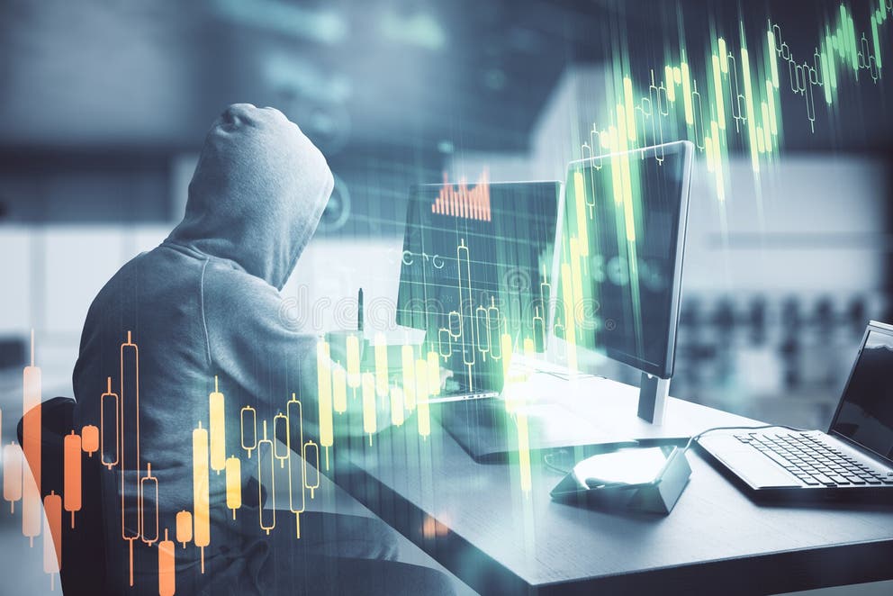 Hacker Using Computer with Stock Chart and Business Statistics Hologram ...