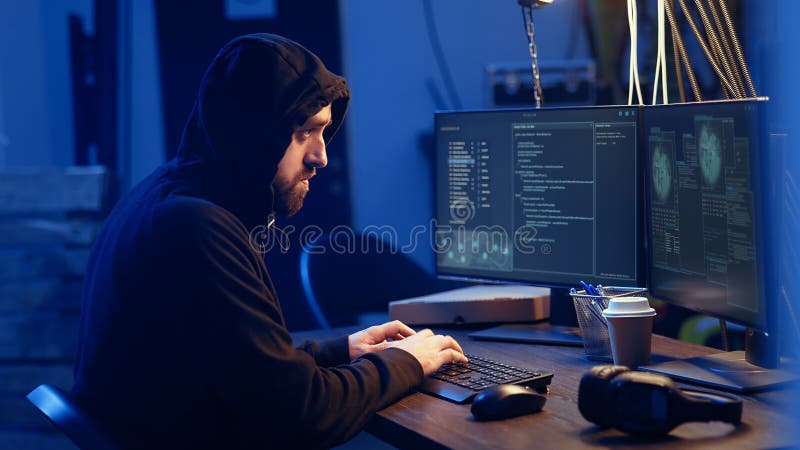 Hacker Using Computer To Target Vulnerable Unpatched Connections Stock Image Image Of