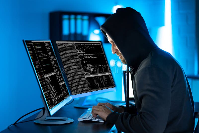 Hacker Using Multiple Computers To Steal Data Stock Photo - Image of hack, data: 43864756
