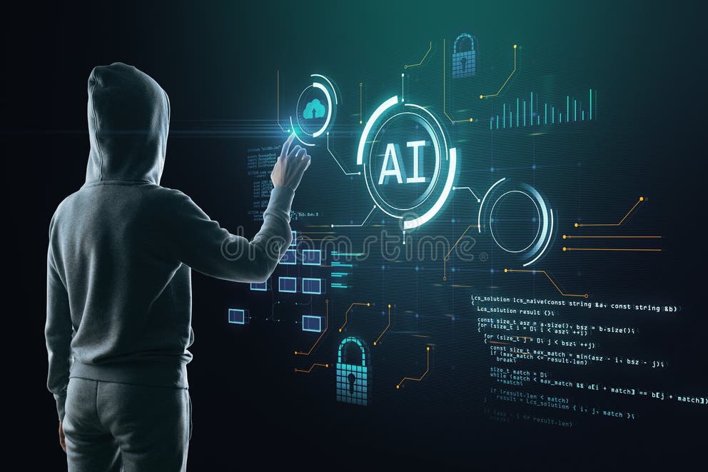 Hacker Using Glowing Blurry Ai Hologram with Binary Coding on Blurry Background. Artificial ...