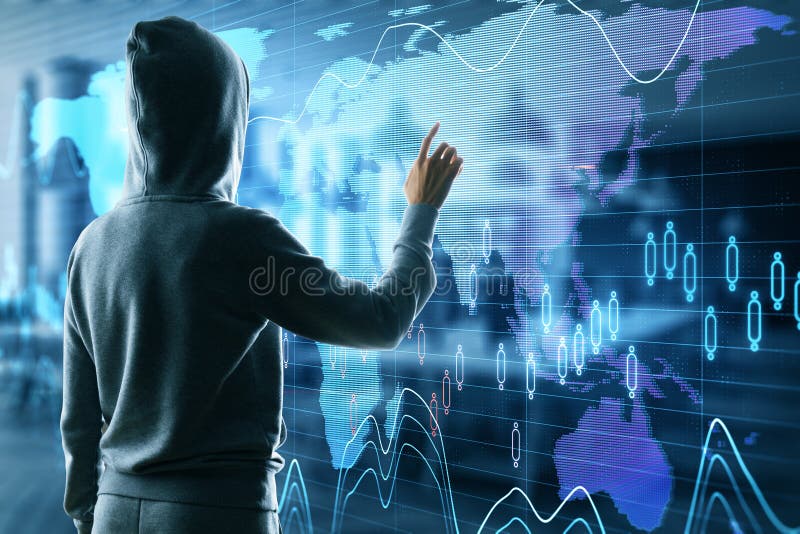 Hacker Using Glowing Stock Chart and World Map Stock Image - Image of ...
