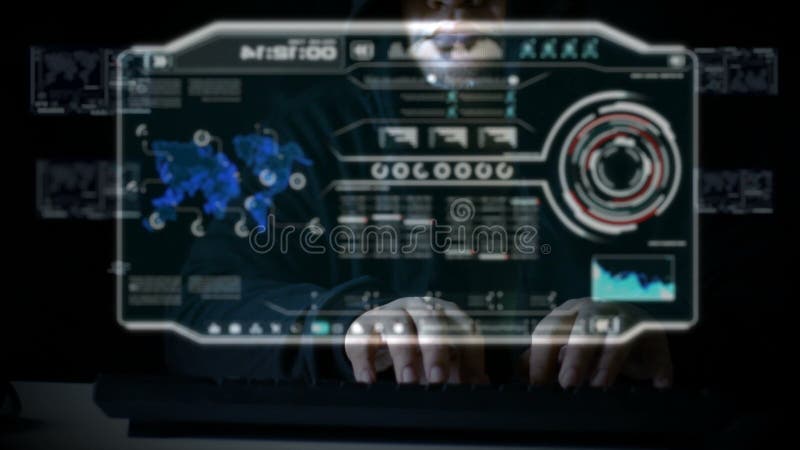 Hacker Using Keyboard with User Interface HUD Code for Cyber Criminal ...