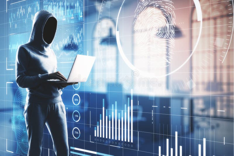 Hacker Using Laptop with Abstract Glowing Finger Print Interface Stock ...