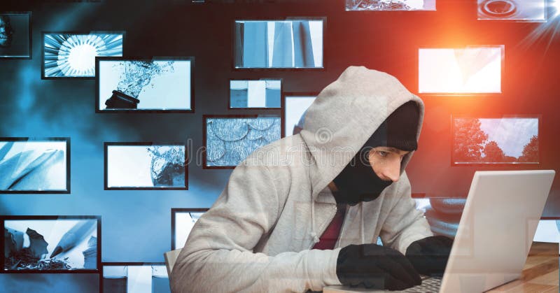 Hacker Using Laptop Against Screens Stock Photo - Image of male ...