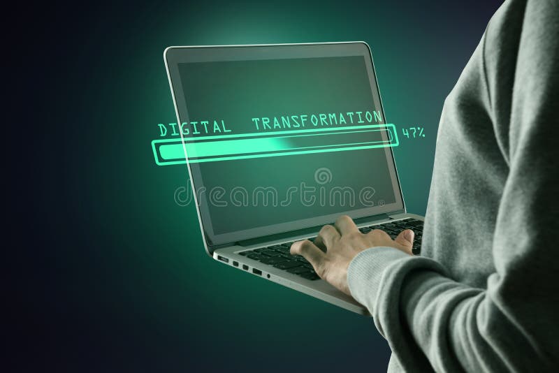 Hacker Using Laptop Computer with Abstract Glowing Loading Bar on Gray ...