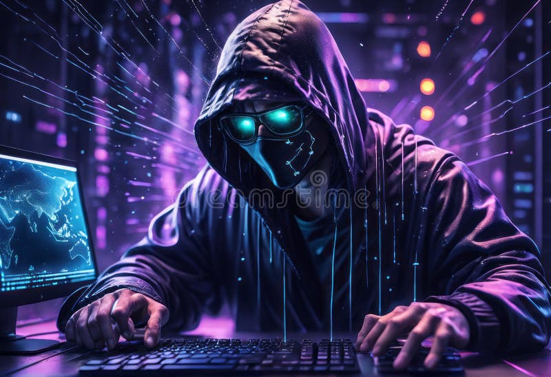 Hacker Using Laptop Computer with Data Code. Cyber Crime Concept. 3d Illustration Hacker Using ...