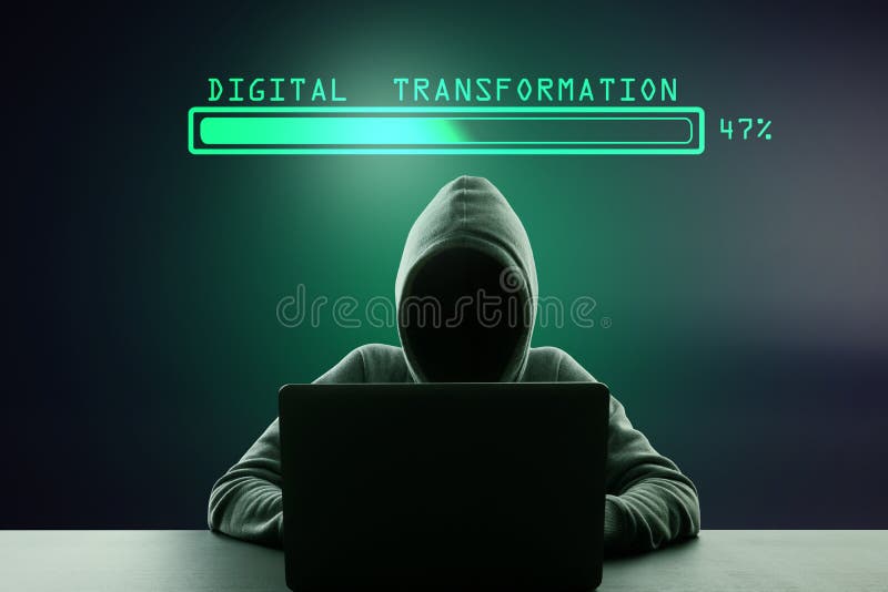 Hacker Using Laptop Computer at Desktop with Abstract Glowing Loading Bar on Gray Dark ...