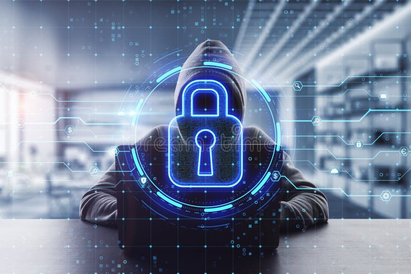 Hacker Using Laptop Computer at Desktop with Glowing Circuit Padlock ...