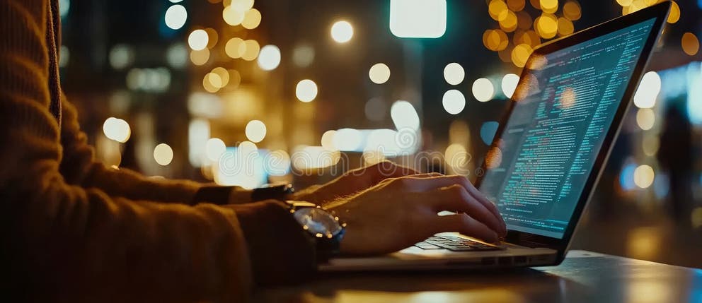 A Hacker Using a Laptop Computer To Hack Office Data at Night. Stock ...