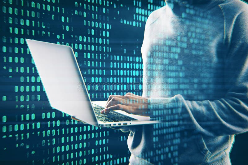 Hacker Using Laptop With Creative Digital Binary Code Dots Hologram