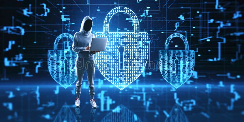 Hacker Using Laptop with Creative Glowing Digital Padlock Hologram on ...