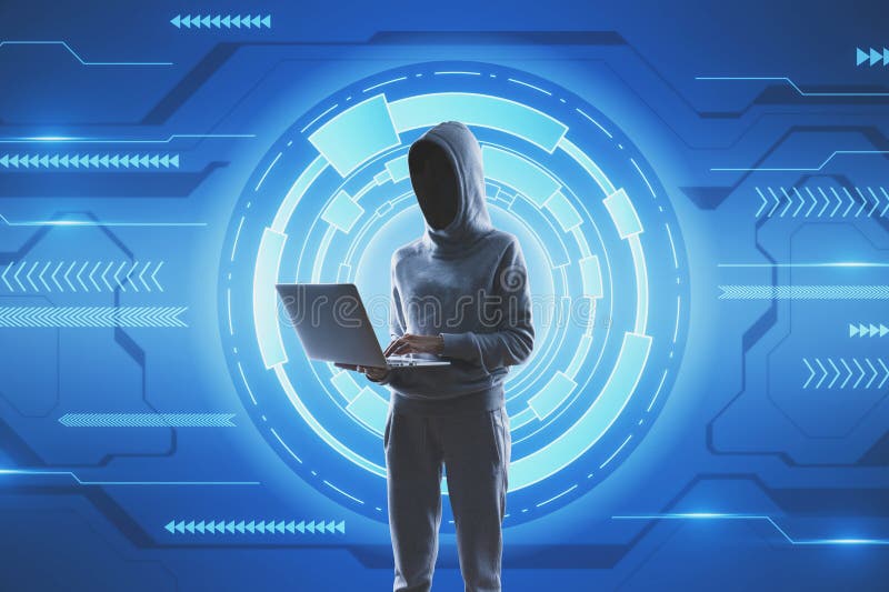 Hacker Using Laptop On Creative Hi Tech Background Hacking Technology And Malware Concept