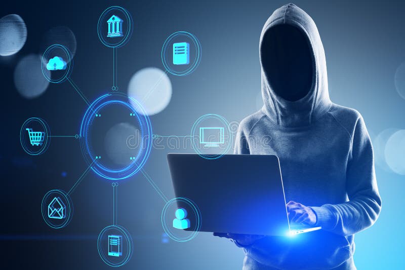 Hacker Using Laptop with Creative Round Digital Interface with Various ...