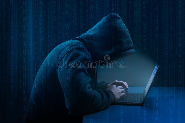 Hacker. Hacker Using Laptop on Dark Binary Code Digital Background ...