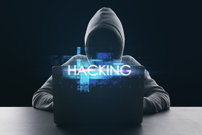 Hacker Using Laptop at Desktop with Abstract Glowing Big Data Glitch on ...