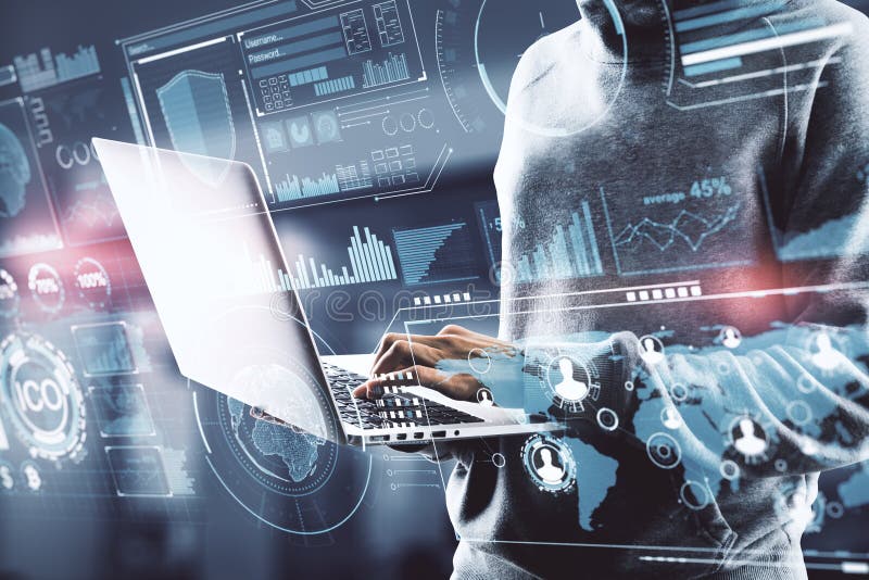 Hacker Using Laptop With Digital Antivirus Interface Stock Image ...