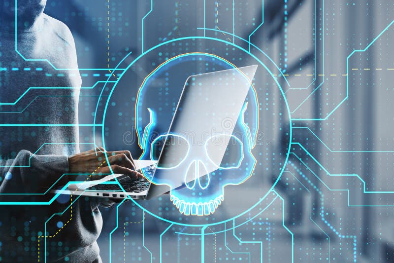 Hacker Using Laptop with Digital Skull Hologram on Blurry Office ...