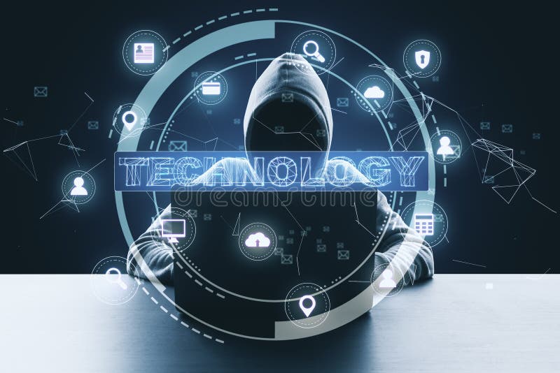 Hacker Using Laptop with Finance and Technology Interface Stock Photo ...