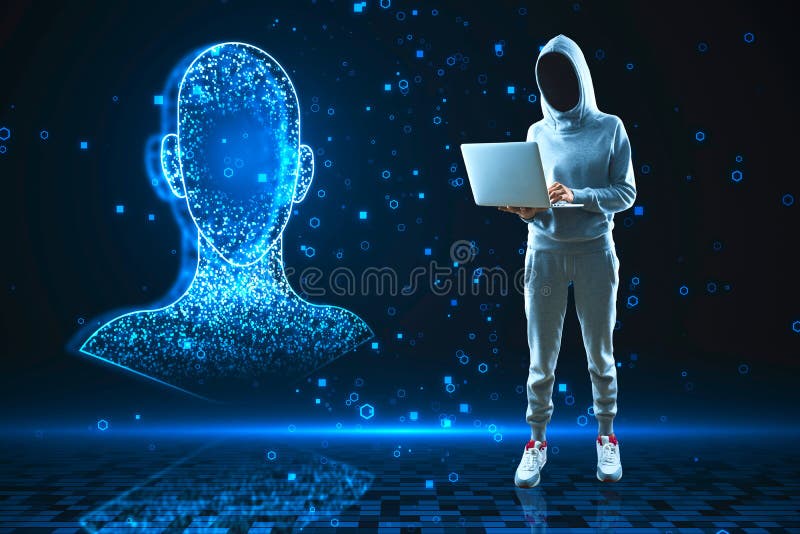 Hacker Using Laptop with Glowing Digital Blue Head Outline on Blurry ...