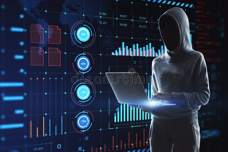 Charts, Future and Man with Hologram, Digital Interface and Check ...