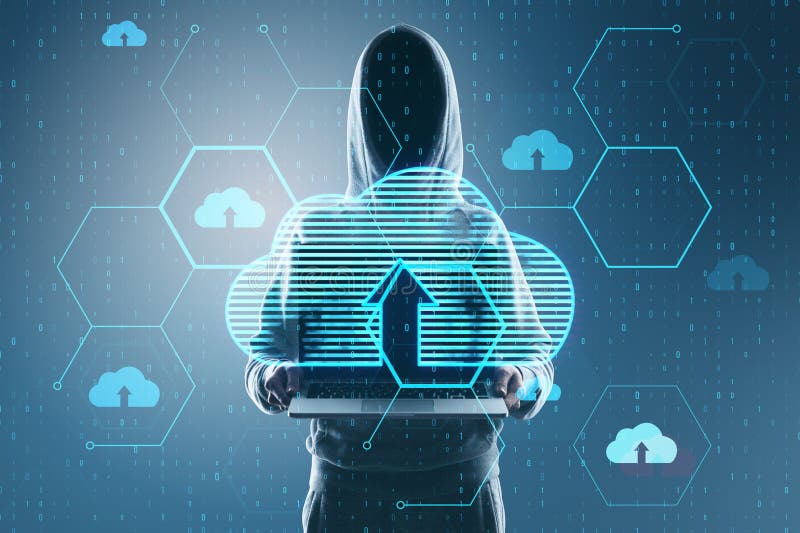Hacker Using Laptop With Glowing Hexagonal Cloud Computing Hologram With Binary Coding On Blurry 6338