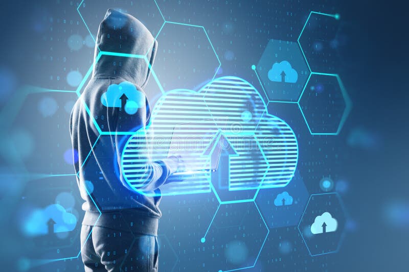 Hacker Using Laptop With Glowing Hexagonal Cloud Computing Hologram With Binary Coding On Blurry