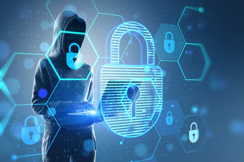 Hacker Using Laptop With Glowing Hexagonal Padlock Hologram With Binary Coding On Blurry