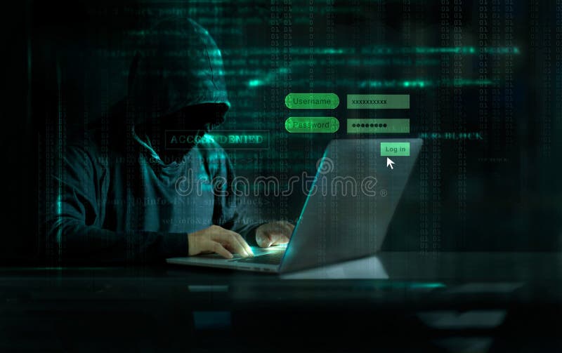 Hacker Using Multiple Computers To Steal Data Stock Photo - Image of ...