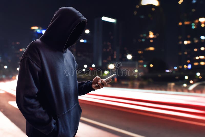 Hacker Using Mobile Phone on the Street Stock Image - Image of cyber ...
