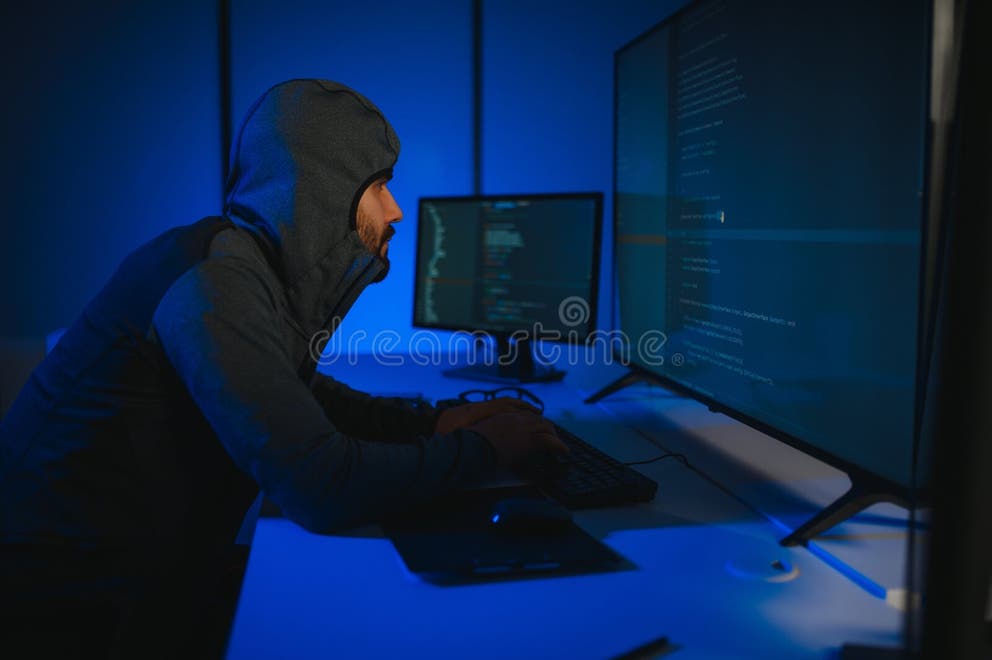 Hacker Using Multiple Computers for Stealing Data on Desk Stock Photo - Image of confidential ...