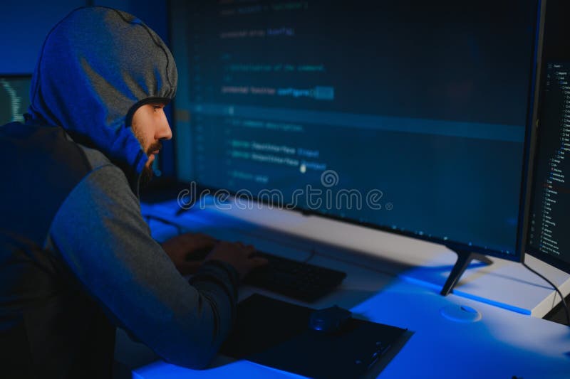 Hacker Using Multiple Computers for Stealing Data on Desk Stock Photo - Image of password ...