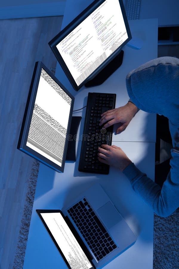 Hacker Using Multiple Computers To Steal Data Stock Image Image Of Account People 43864625