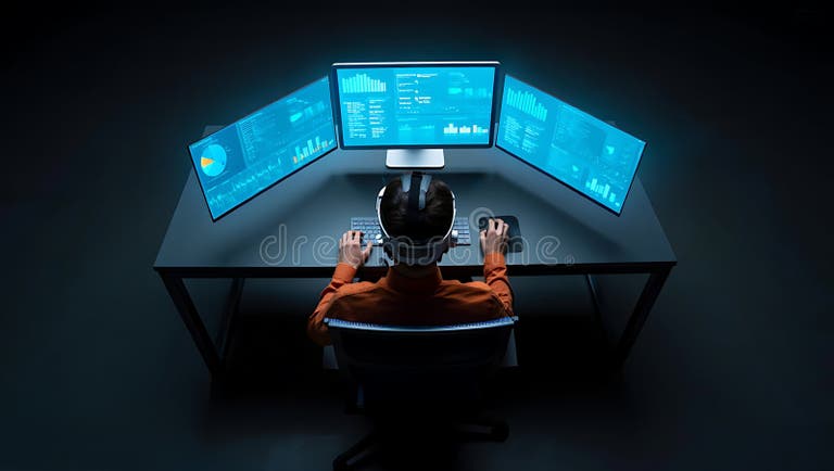 Hacker Using Multiple Monitors for Data Analysis and Programming Stock ...