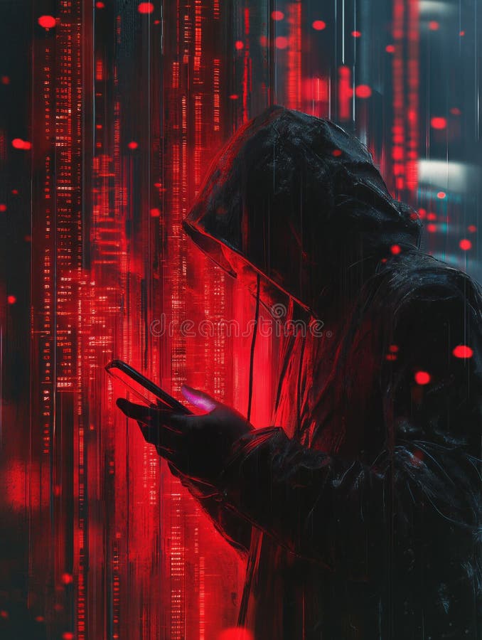 Hacker Using Smartphone in Futuristic City with Data Stream and Rain ...