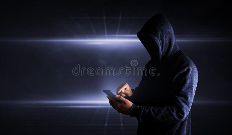 Hacker Using Smartphone. Men in Black Clothes with Hidden Face Stock ...