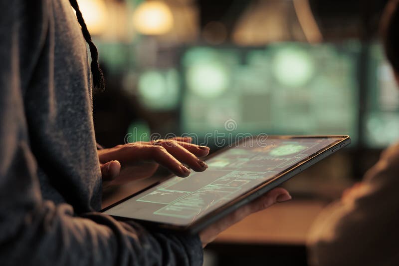 Hacker Using Spyware On Digital Tablet Stock Image Image Of Database
