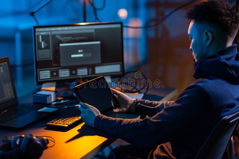 Hacker Using Tablet Pc Computer for Cyber Attack Stock Image - Image of ...