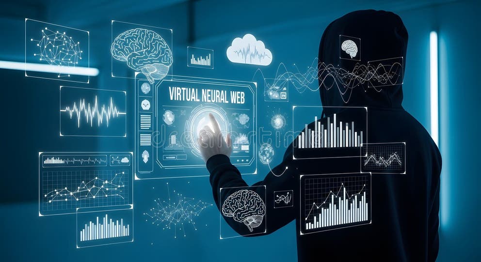 Hacker Using Virtual Neural Web Interface, Digital Brain and Data Visualization Stock Image ...