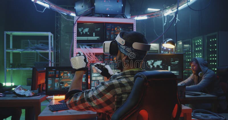 Hacker Using VR Gloves and Headset Stock Photo - Image of modern ...