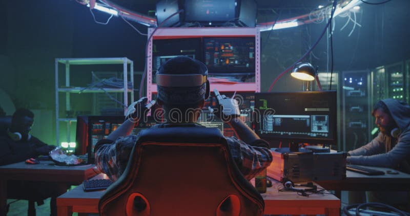 Hacker Using VR Gloves and Headset Stock Photo - Image of modern, dark ...