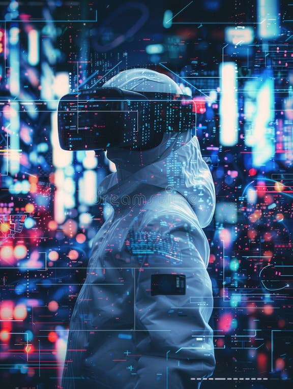 A Hacker, Using a VR Headset, Explores a Vibrant Virtual Space Filled ...