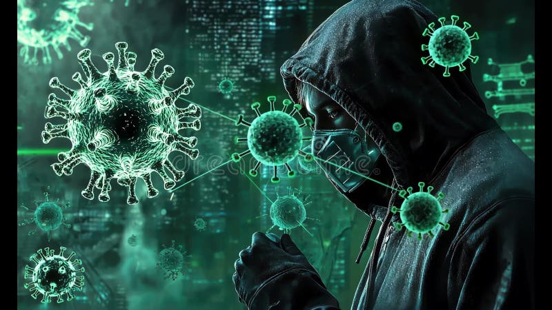 Hacker with Virus Code in Dark Environment and Green Visuals Stock ...