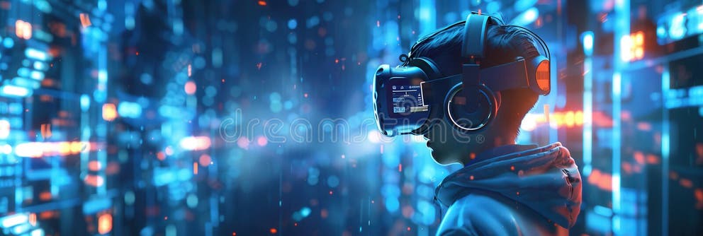 A Hacker in a VR Headset Navigates a Vibrant Virtual Environment ...