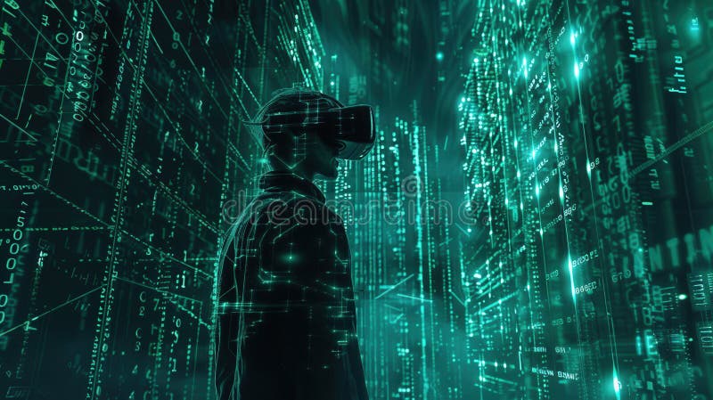 A Hacker in a VR Headset Navigates a Vibrant Virtual Realm Adorned with ...