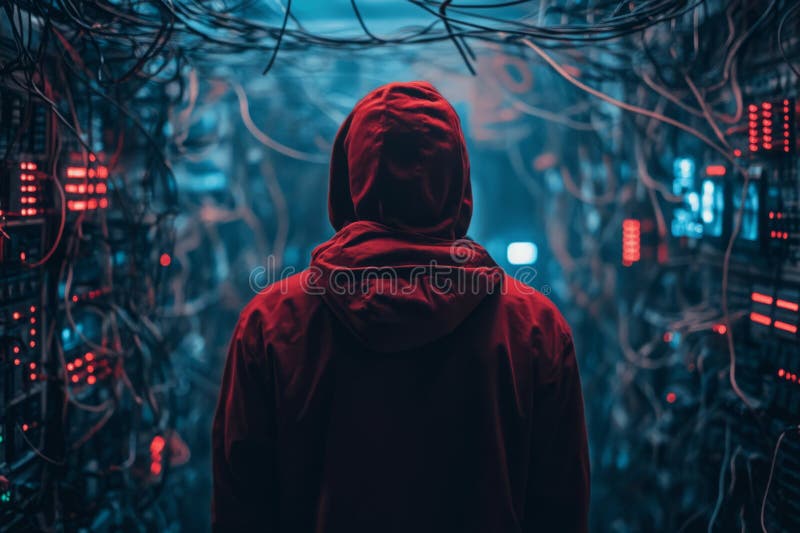 Hacker Walking in a Server Room with Many Cables and Flashing Lights ...