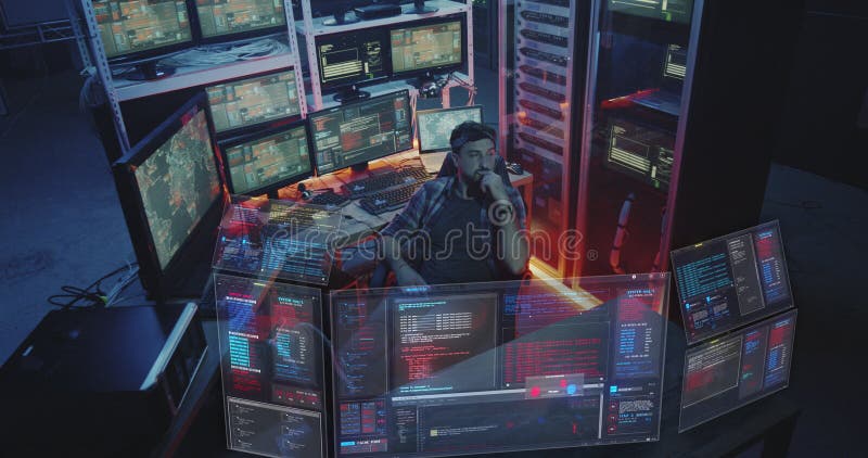 Hacker Watching Holographic Display Screens Stock Photo - Image of ...