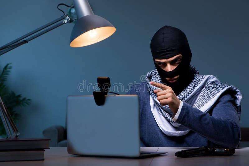 The Hacker Wearing Balaclava Mask Hacking Computer Stock Photo - Image ...