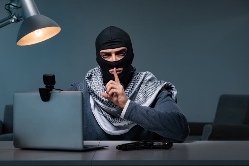 The Hacker Wearing Balaclava Mask Hacking Computer Stock Image - Image ...