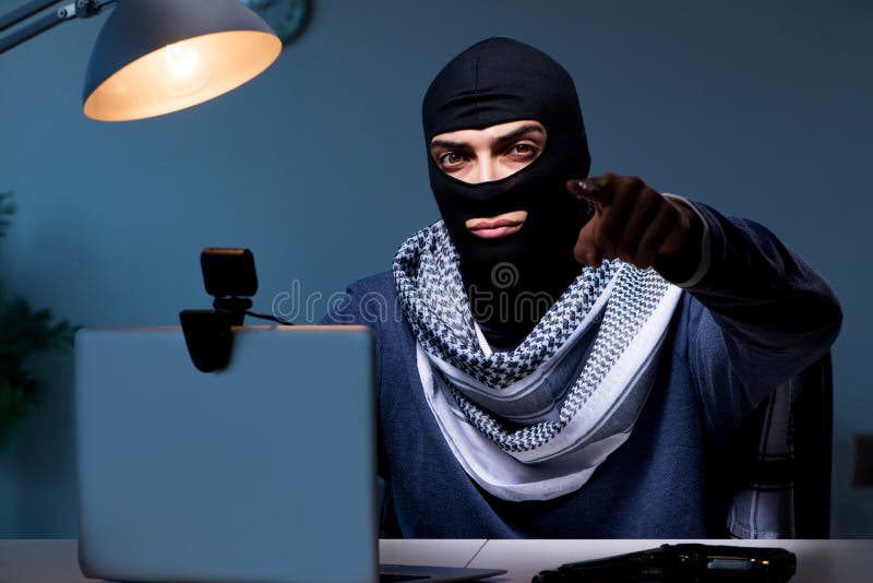 The Hacker Wearing Balaclava Mask Hacking Computer Stock Image - Image ...