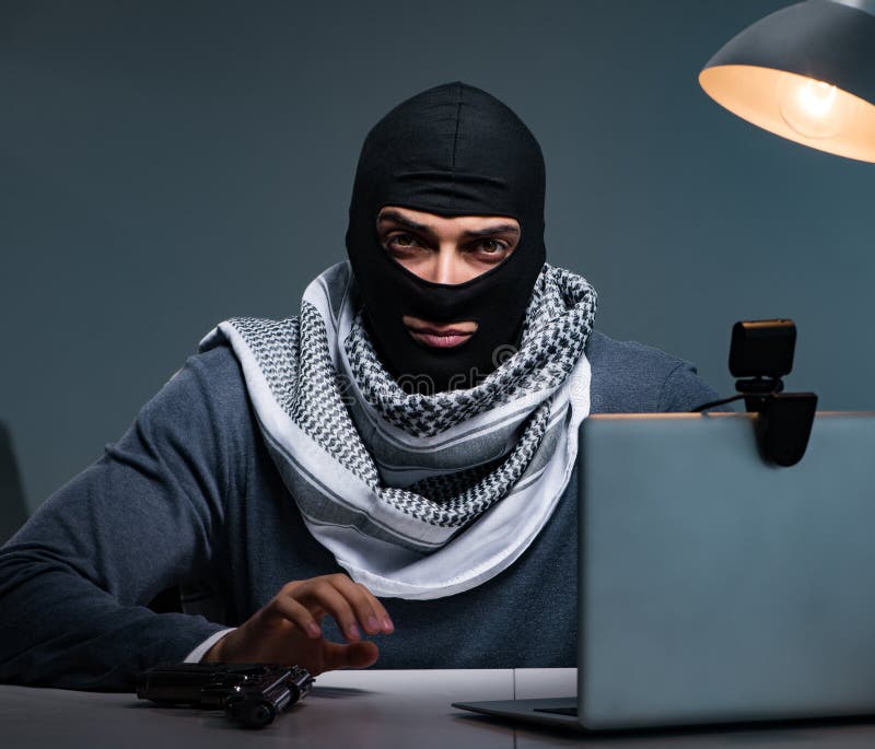 Hacker Wearing Balaclava Mask Hacking Computer Stock Photo - Image of ...